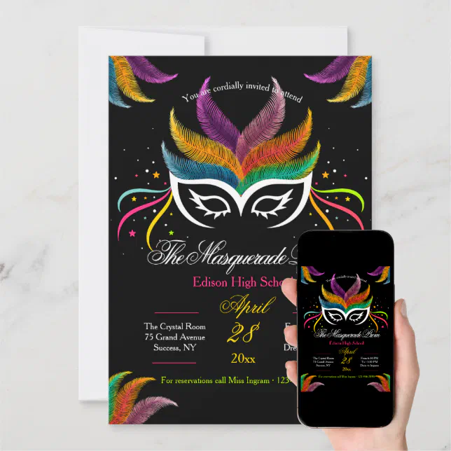 Feather Mask Masquerade Prom Invitation | Zazzle