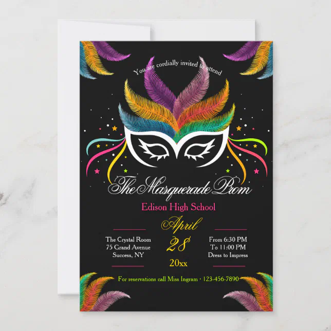 Feather Mask Masquerade Prom Invitation | Zazzle