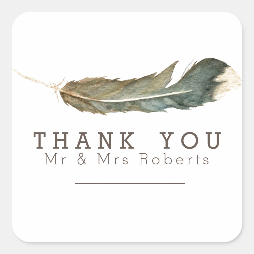 Feather Watercolor | Thank You Square Sticker | Zazzle