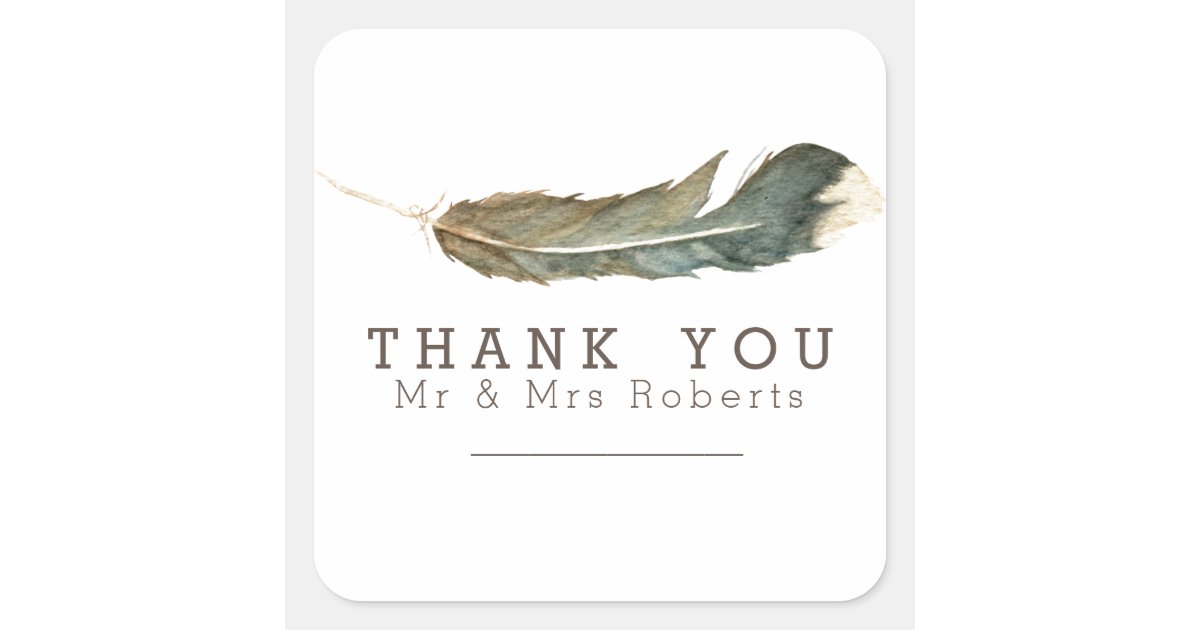 Feather Watercolor | Thank You Square Sticker | Zazzle