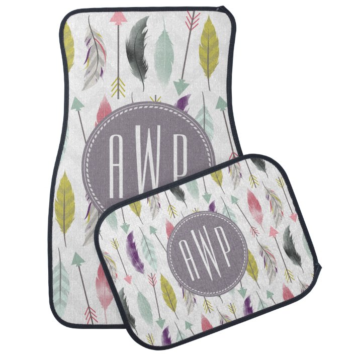Feathers and Arrows Monogram Set of 4 Car Mats | Zazzle.com