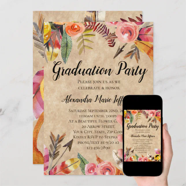 Feathers Arrows Flowers Rustic Graduation Party Invitation | Zazzle
