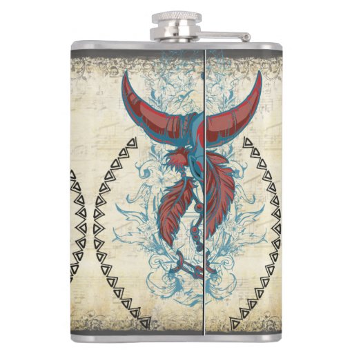 Feathers Black Red Blue Cow Skull Floral Tribal Flask | Zazzle