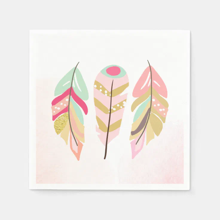 Feathers Boho Paper Napkins Pink Gold Girl Wild | Zazzle