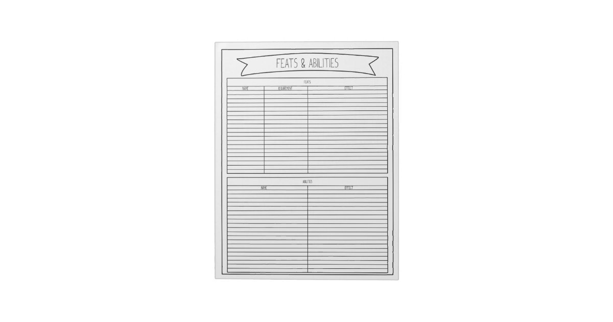 Feats & Abilities Sheets Notepad | Zazzle