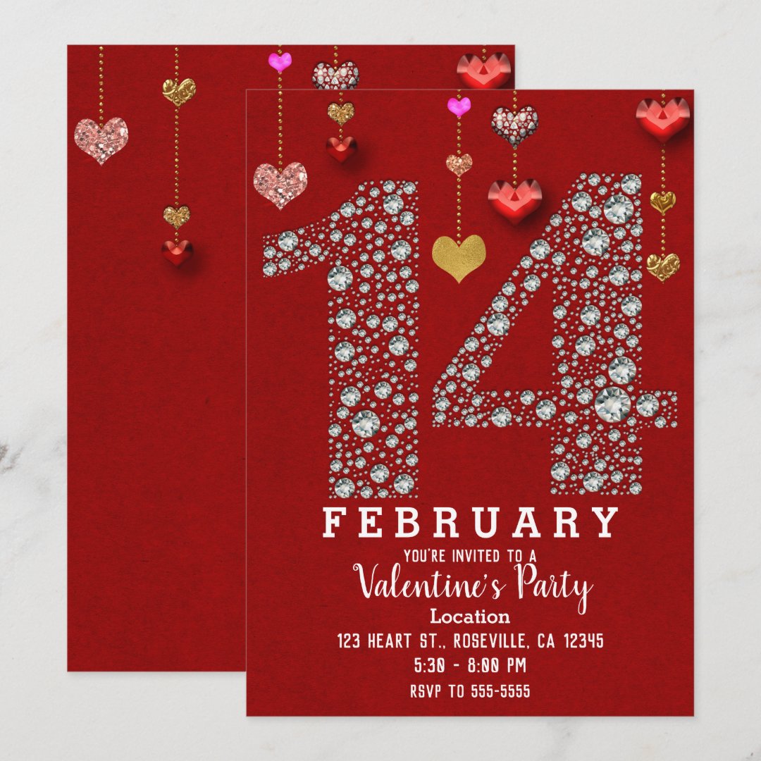 February 14 14TH Red Hearts Valentine's Day Party Invitation | Zazzle