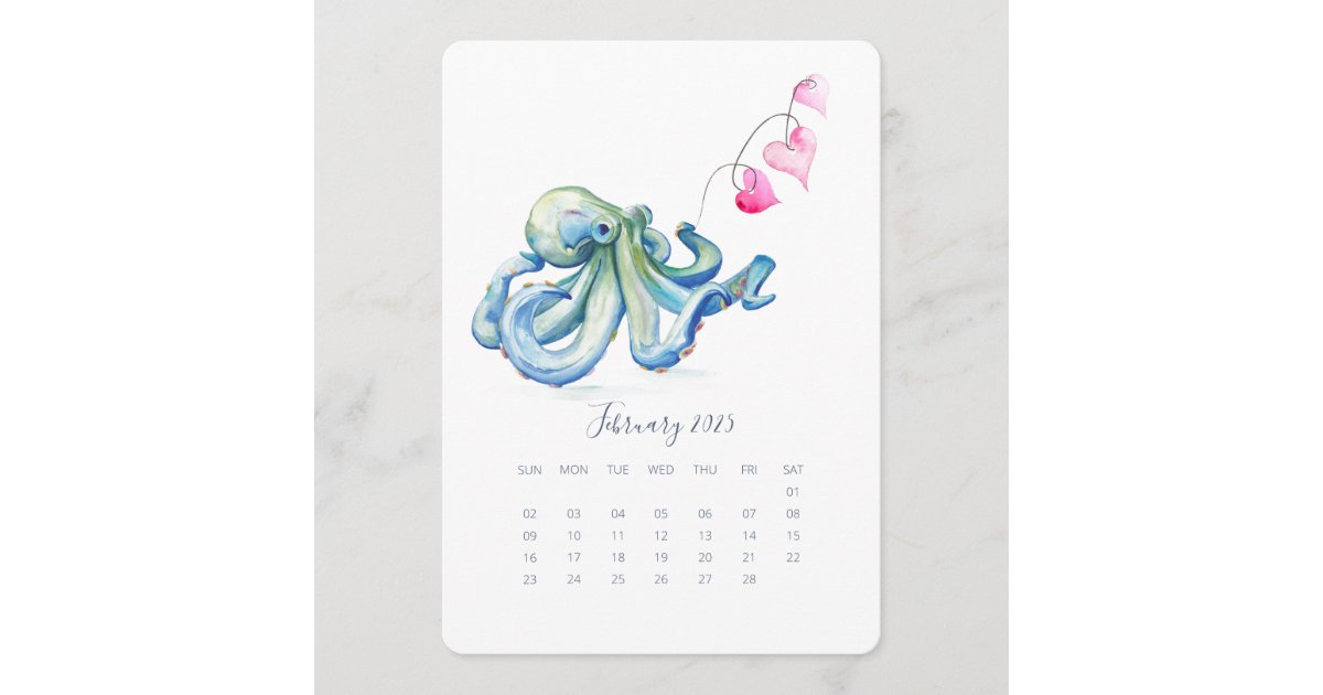 February Stand Alone Calendar Blue Octopus | Zazzle
