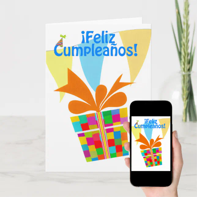 ¡Feliz Cumpleaños with gift package, bunting Card | Zazzle