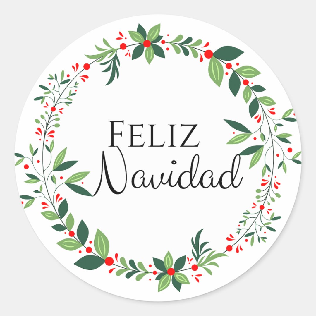 Feliz Navidad Green and Red Wreath Round Sticker | Zazzle