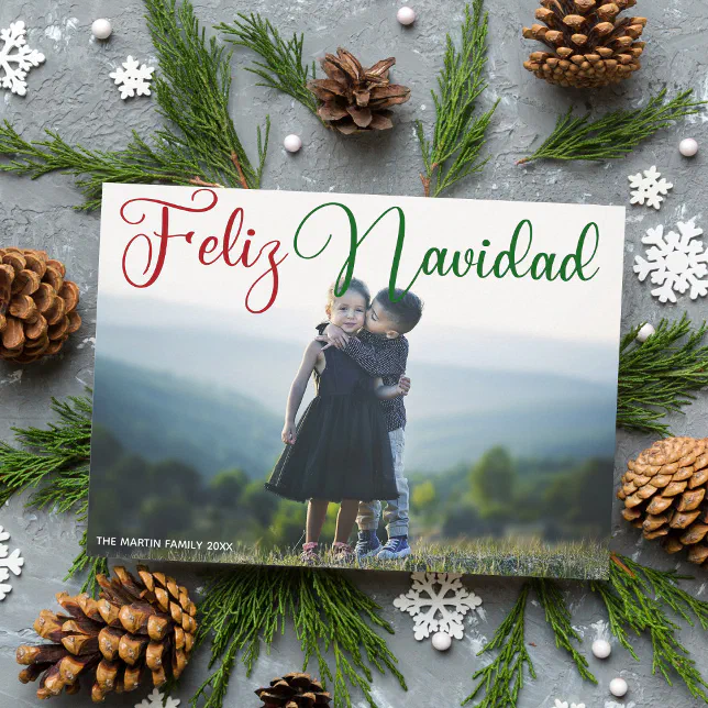 Feliz Navidad Red Green Script Photo Spanish Holiday Card | Zazzle