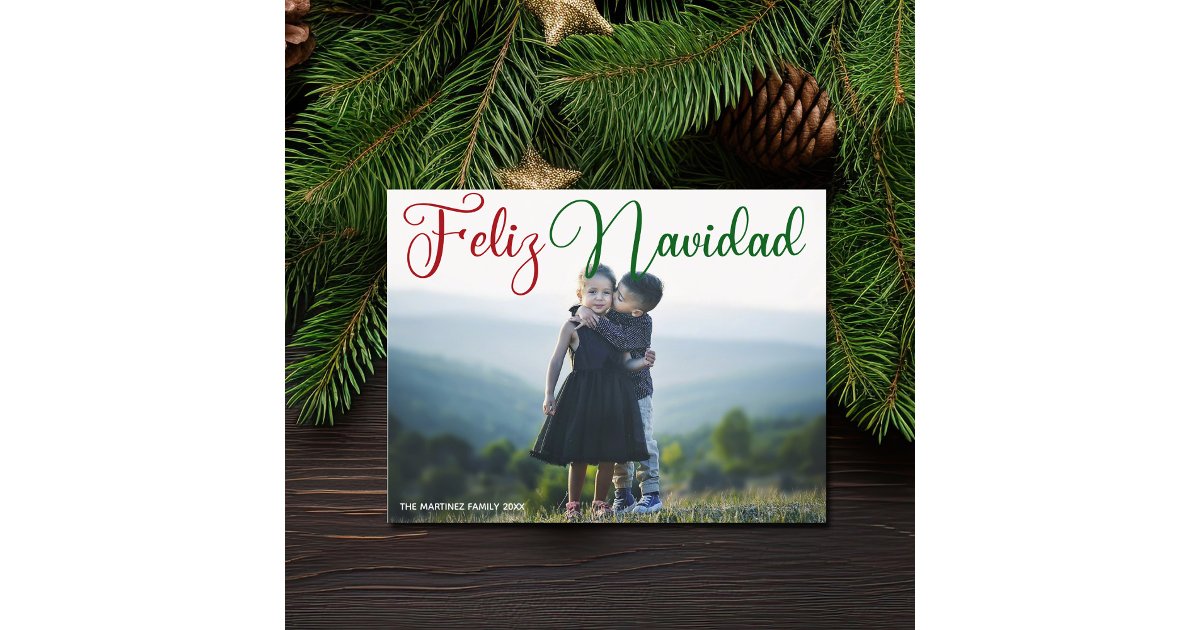 Feliz Navidad Red Green Script Photo Spanish Holiday Postcard | Zazzle