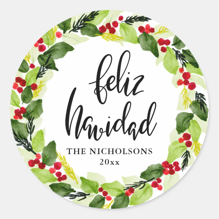 Feliz Navidad Script Red Berry Holiday Wreath Classic Round Sticker ...