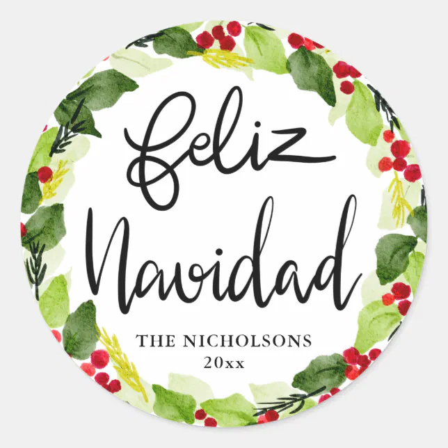 Feliz Navidad Script Red Berry Holly Wreath Classic Round Sticker | Zazzle