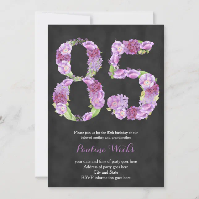 female 85th birthday invitations, lavender invites | Zazzle