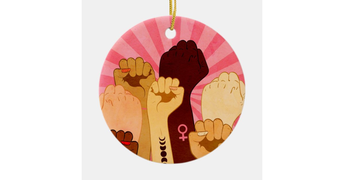Female hands with fist raised up ceramic ornament | Zazzle