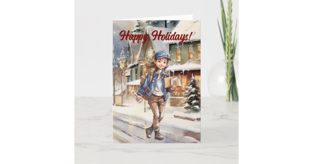 Female Letter Carrier Christmas Village Holiday Card | Zazzle