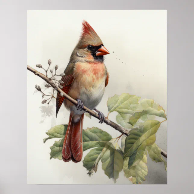 Female Red Cardinal Bird Art Print Poster | Zazzle