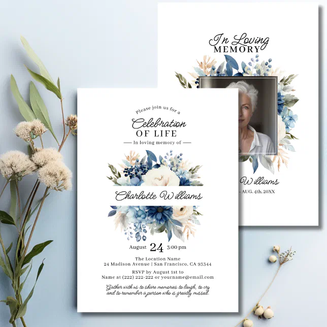 Feminine Blue Flowers Celebration of Life | PHOTO Invitation | Zazzle