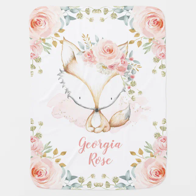 Feminine Blush Floral Baby Fox Girl Nursery Baby Blanket | Zazzle