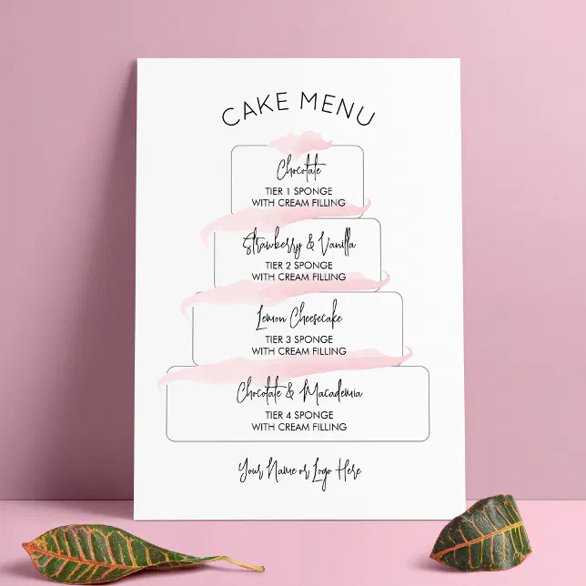 Feminine Blush Pink Script Cake Flavor Menu Poster | Zazzle