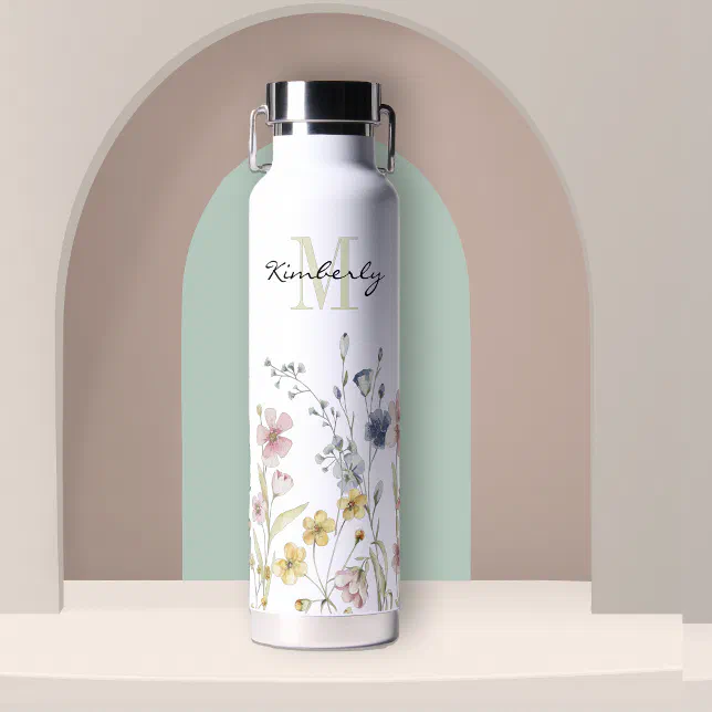 Feminine Boho Botanical Wildflowers with Monogram Water Bottle | Zazzle