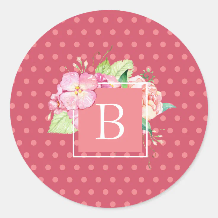 Feminine Chic Monogrammed Initial Pink Dot Floral Classic Round Sticker ...