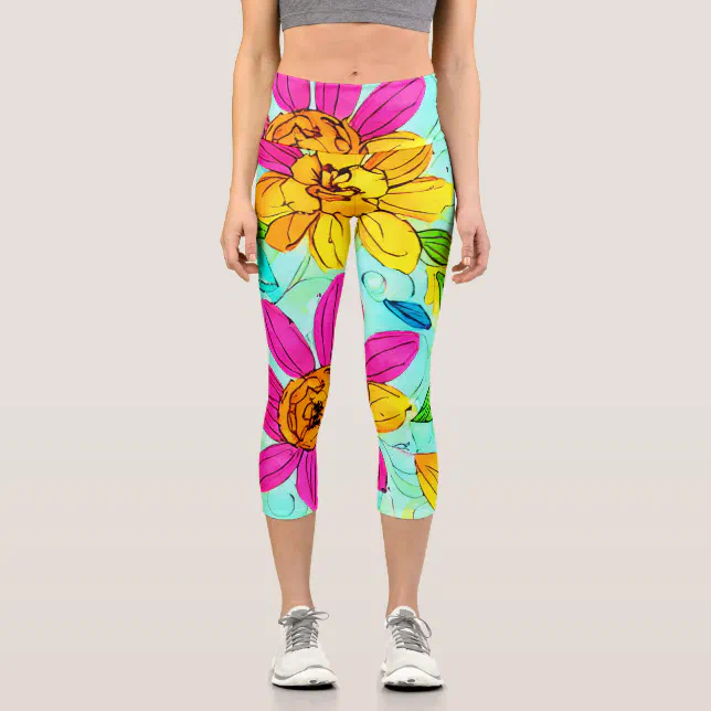 Feminine colorful floral Blue background cute Capri Leggings | Zazzle