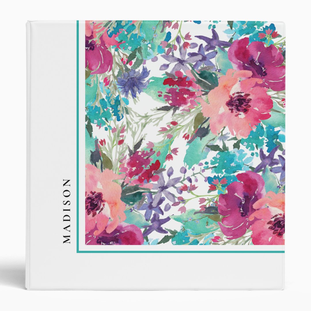 Feminine Colorful Watercolor Floral Pattern 3 Ring Binder | Zazzle