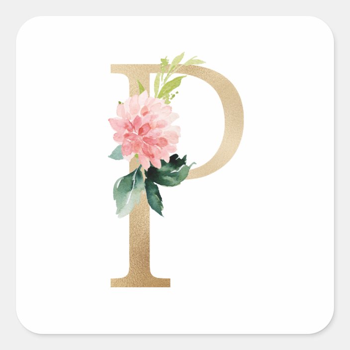 Feminine Faux Gold Foil Floral Letter P Monogram Square Sticker ...