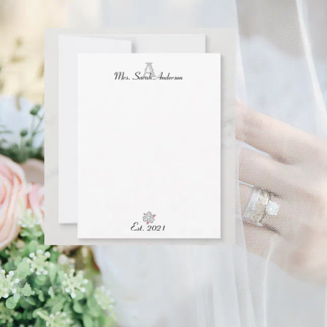 Feminine Pink Aesthetic Floral Monogram Note Card | Zazzle