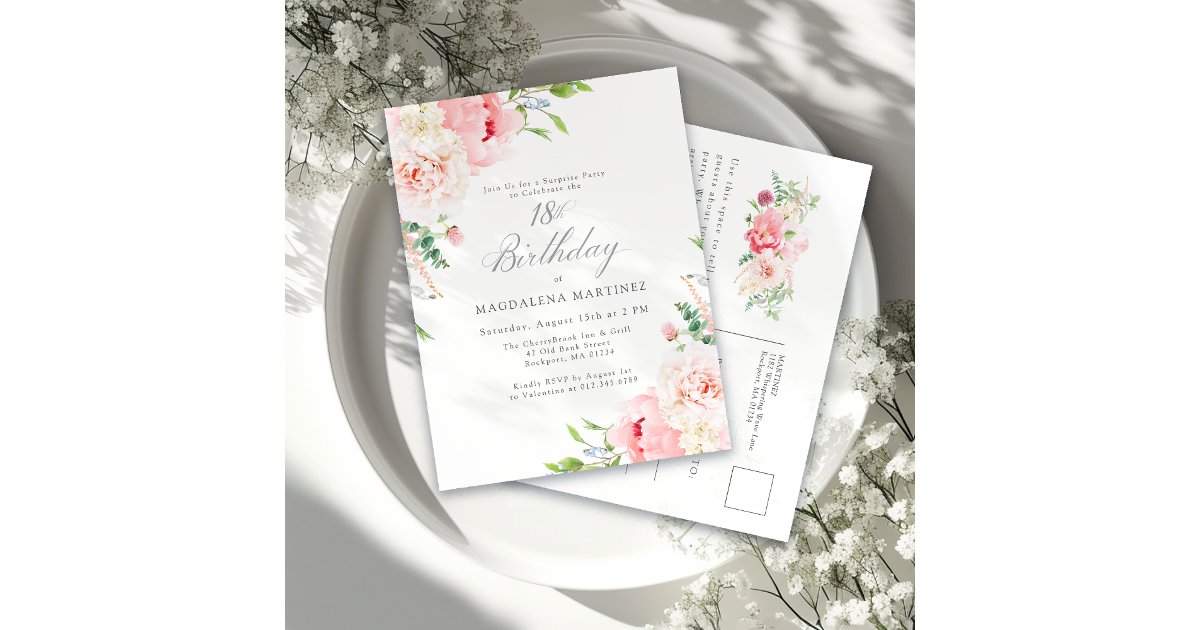 Feminine Pink Floral 18th Birthday Surprise Party Invitation Postcard ...