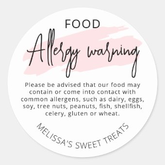 Feminine Pink Food Safety Allergens Alert Warning Classic Round Sticker ...