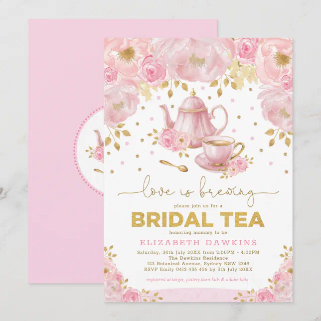 Feminine Pink Gold Flower High Tea Bridal Shower Invitation | Zazzle