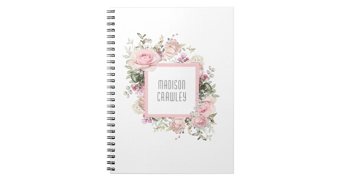 Feminine Pink Rose Floral with Your Name Notebook | Zazzle