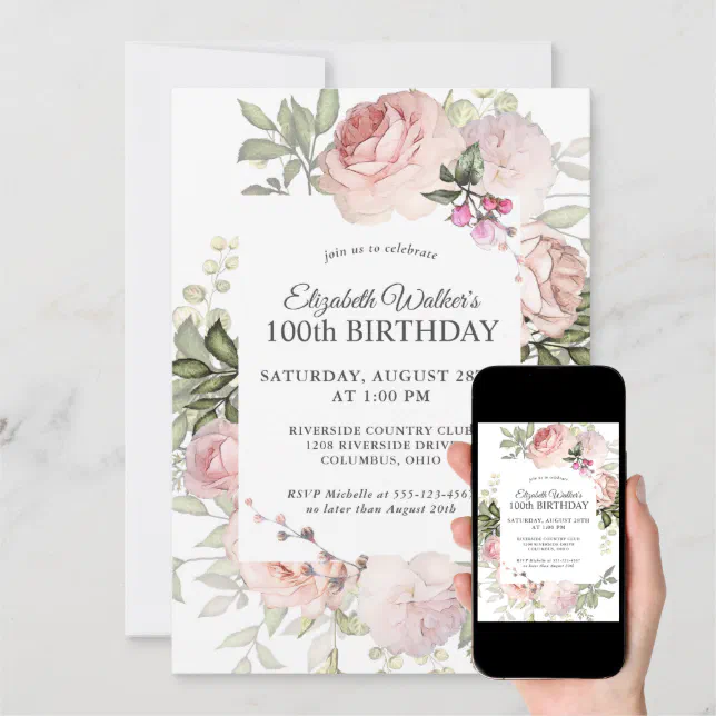 Feminine Pink Roses Floral 100th Birthday Party Invitation | Zazzle