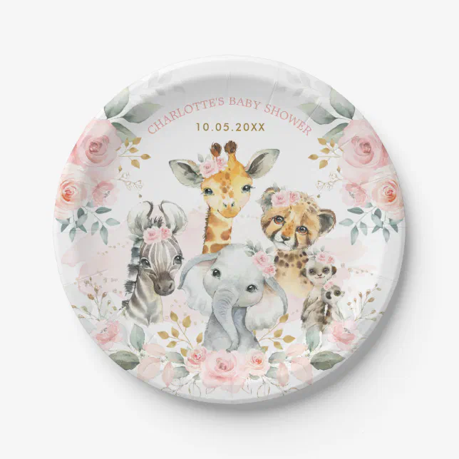 Feminine Pink Safari Jungle Wild Animals Baby Girl Paper Plates | Zazzle