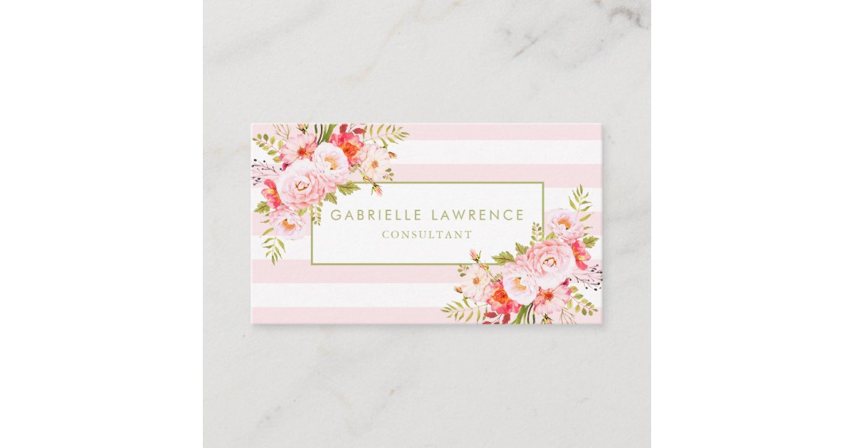 Feminine Pink Stripes and Peonies Business Card | Zazzle