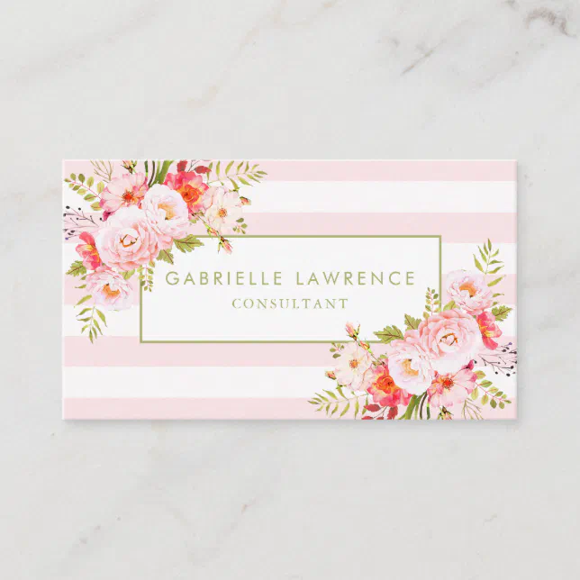 Feminine Pink Stripes and Peonies Business Card | Zazzle