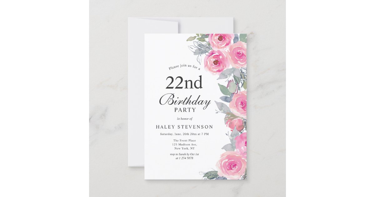 Feminine Pink Watercolor Floral Chic 22nd Birthday Invitation | Zazzle