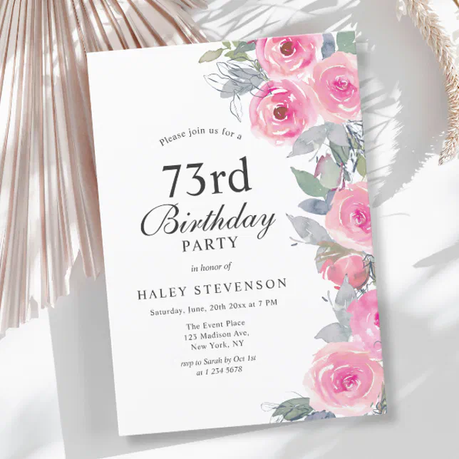 Feminine Pink Watercolor Floral Chic 73rd Birthday Invitation | Zazzle