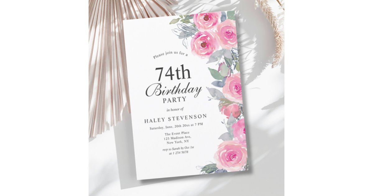 Feminine Pink Watercolor Floral Chic 74th Birthday Invitation | Zazzle