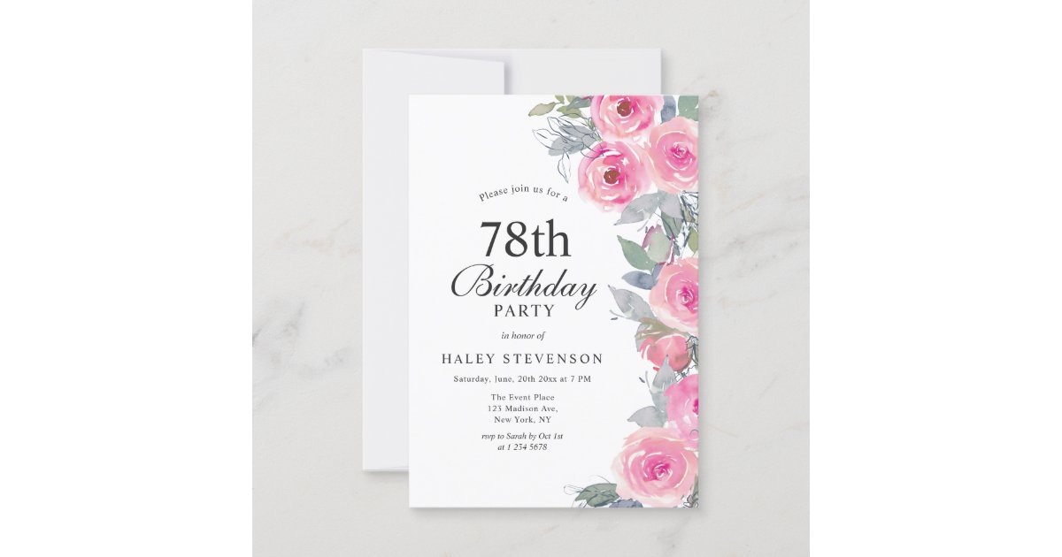 Feminine Pink Watercolor Floral Chic 78th Birthday Invitation | Zazzle