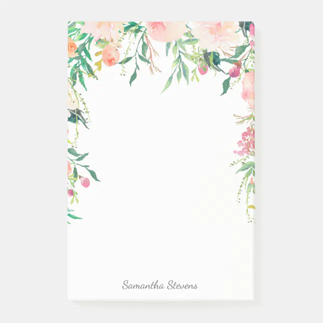 Feminine Pink Watercolor Floral with Your Name Post-it Notes | Zazzle
