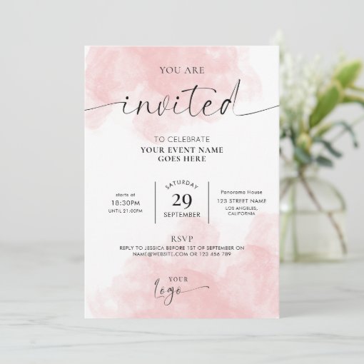 Feminine Pink Watercolor Script Logo Business Invitation | Zazzle