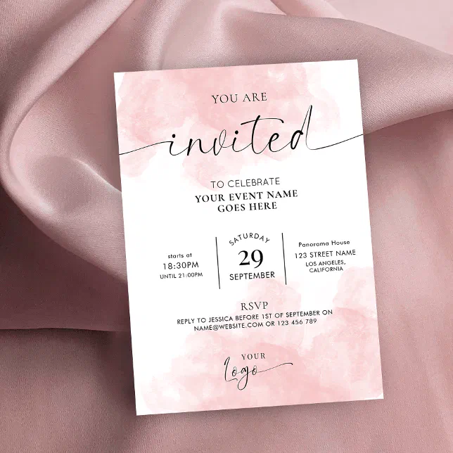 Feminine Pink Watercolor Script Logo Business Invitation | Zazzle