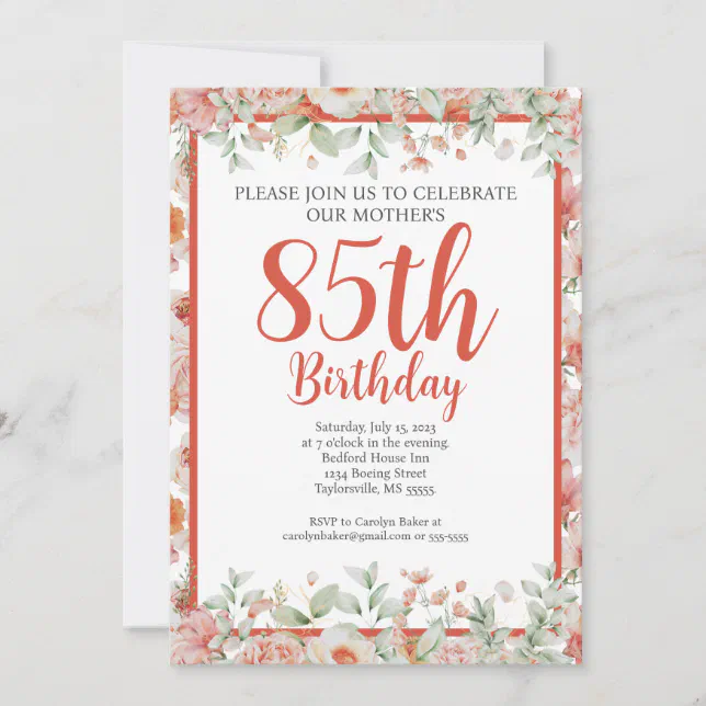 Feminine Watercolor Floral 85th Birthday Party Invitation | Zazzle