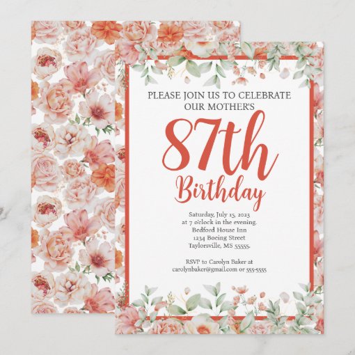 Feminine Watercolor Floral 87th Birthday Party Invitation | Zazzle