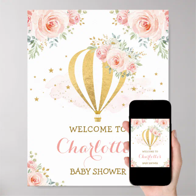 Feminine Watercolor Floral Hot Air Balloon Party Poster | Zazzle