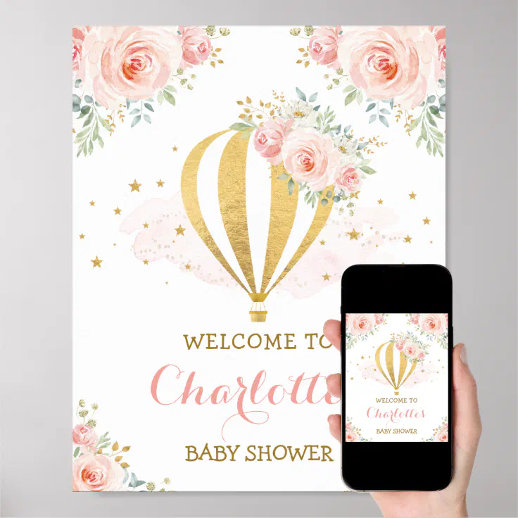 Feminine Watercolor Floral Hot Air Balloon Party Poster | Zazzle