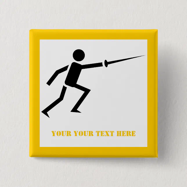 Fencer black silhouette with sword fencing yellow button | Zazzle